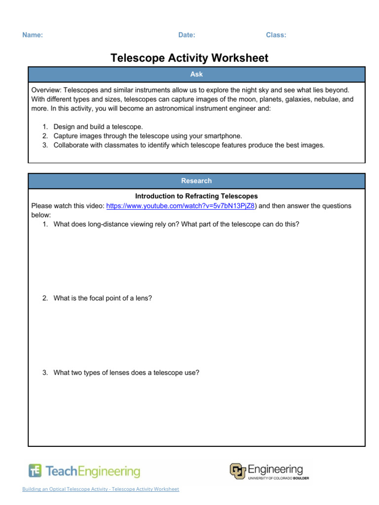 Optical Telescope Activity Worksheet | PDF | Telescope | Optics
