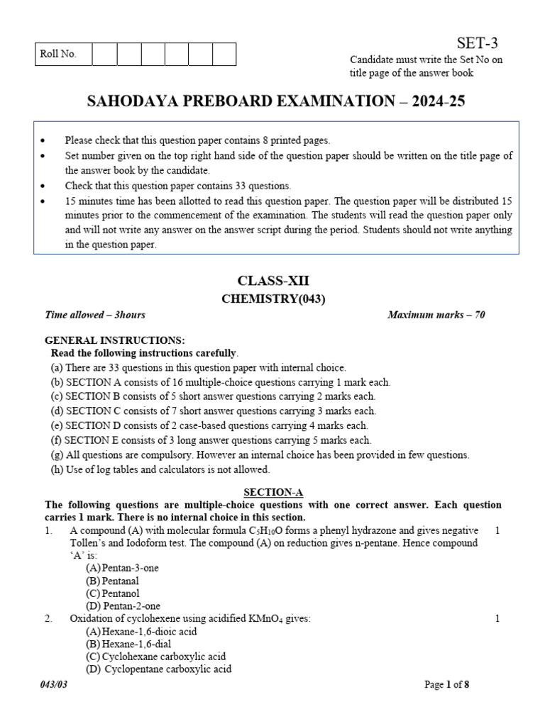 Chemistry Set-3 QP Sahodaya PB 24-25 | PDF | Chemical Reactions | Chemistry