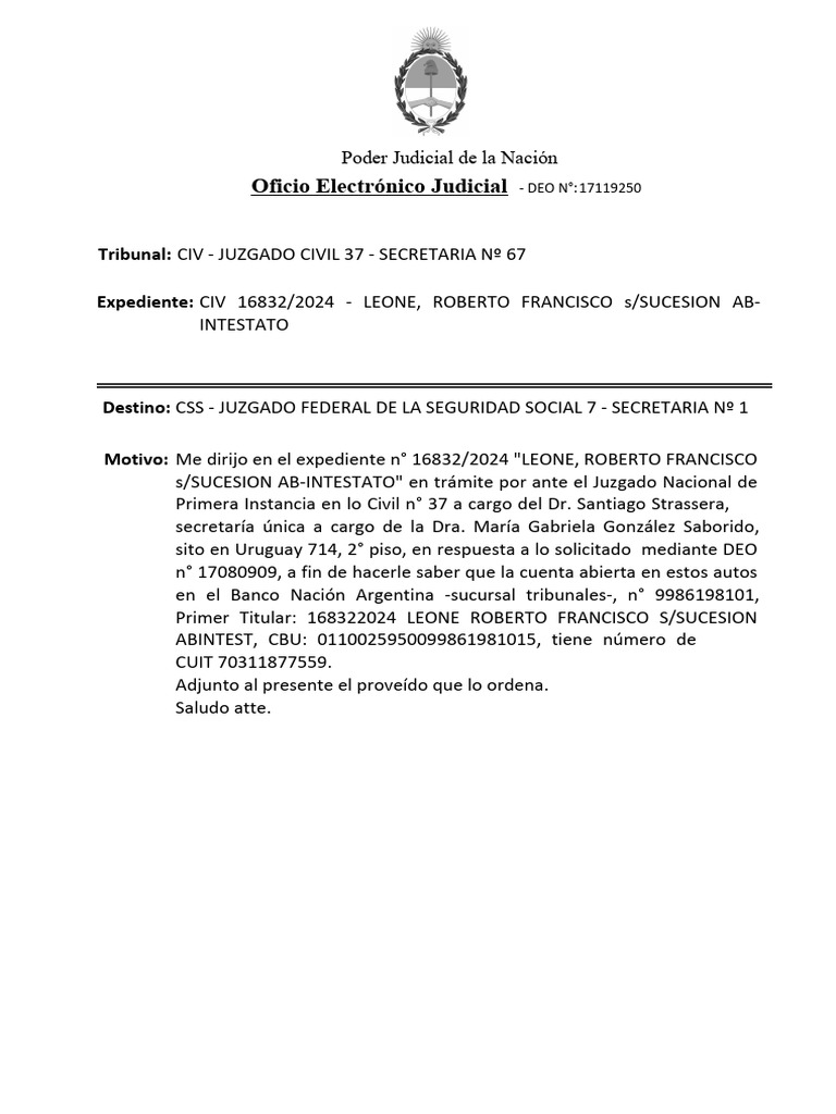 Oficio sobre Sucesión de Roberto Leone | PDF