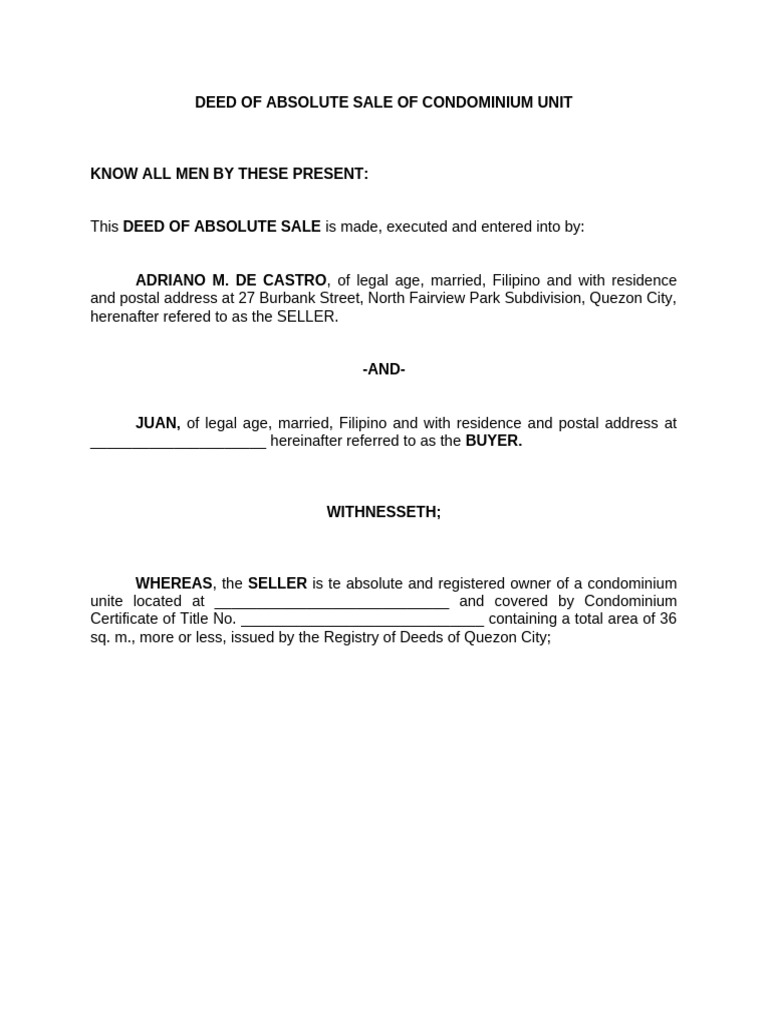 Deed of Absolute Sale of Condominium Unit | PDF