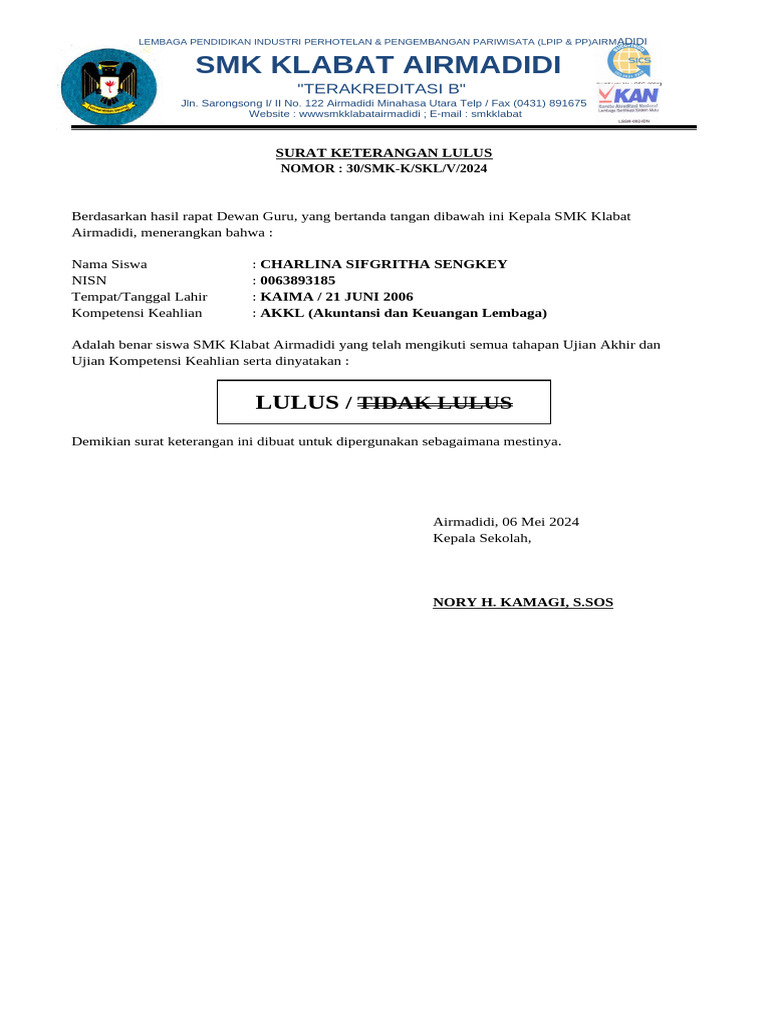 Surat Keterangan Lulus AKKL 2024 | PDF