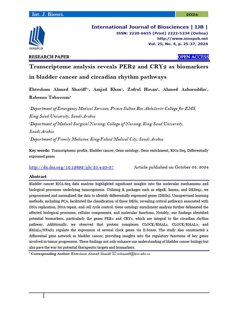 Transcriptome analysis reveals PER2 and CRY2 as biomarkers in bladder cancer and circadian ...