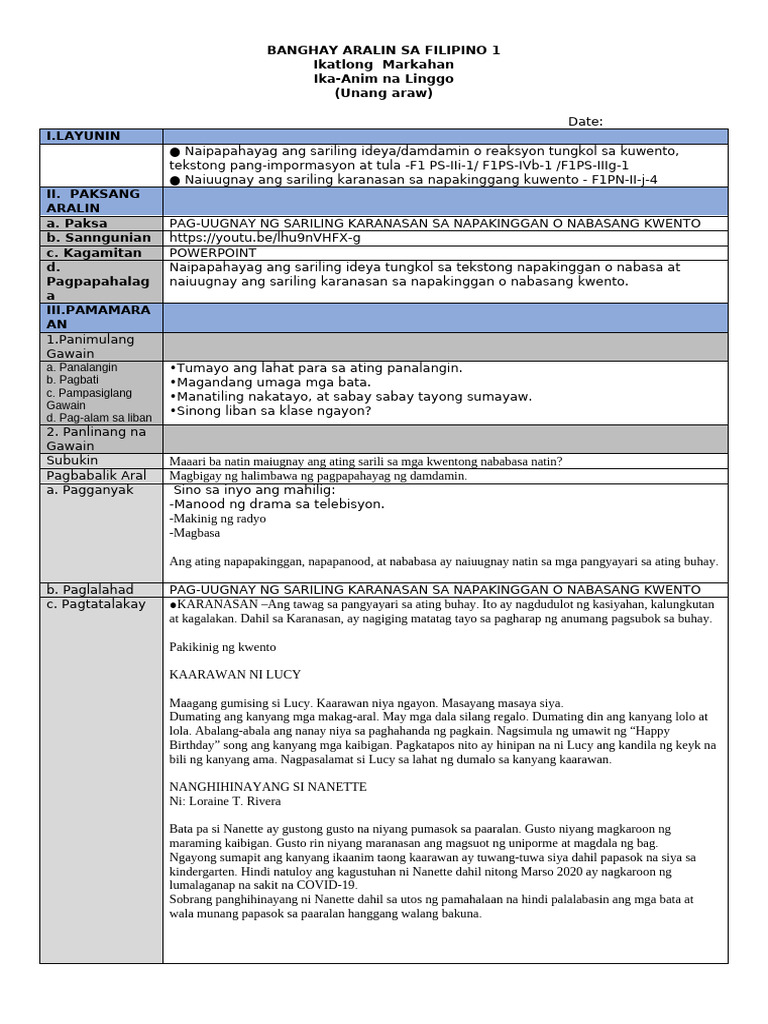 Q-4-Week-6-Banghay Aralin Sa Filipino 1 | PDF