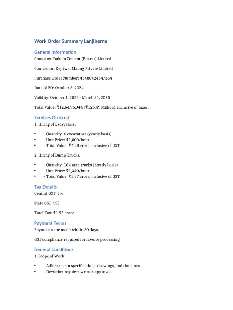 Work Order Summary | PDF