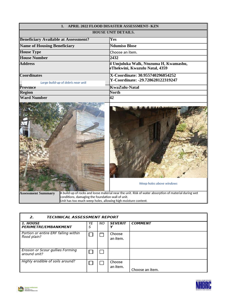 Technical Assessment Form (KZN Floods) - 42 - OID362 | PDF | Roof | Erosion