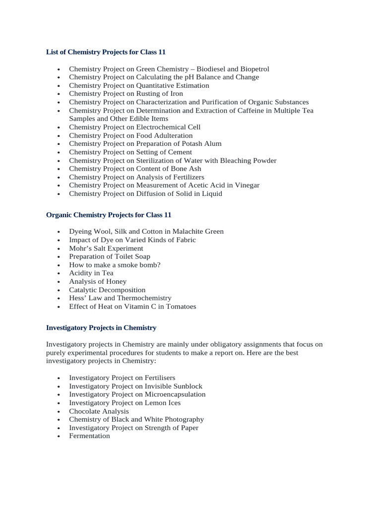 List of Chemistry Projects For Class 11 | PDF