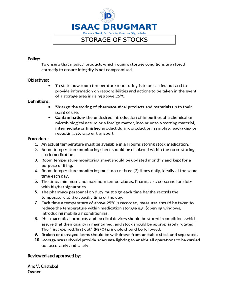 Stock Medication Storage Guidelines | PDF