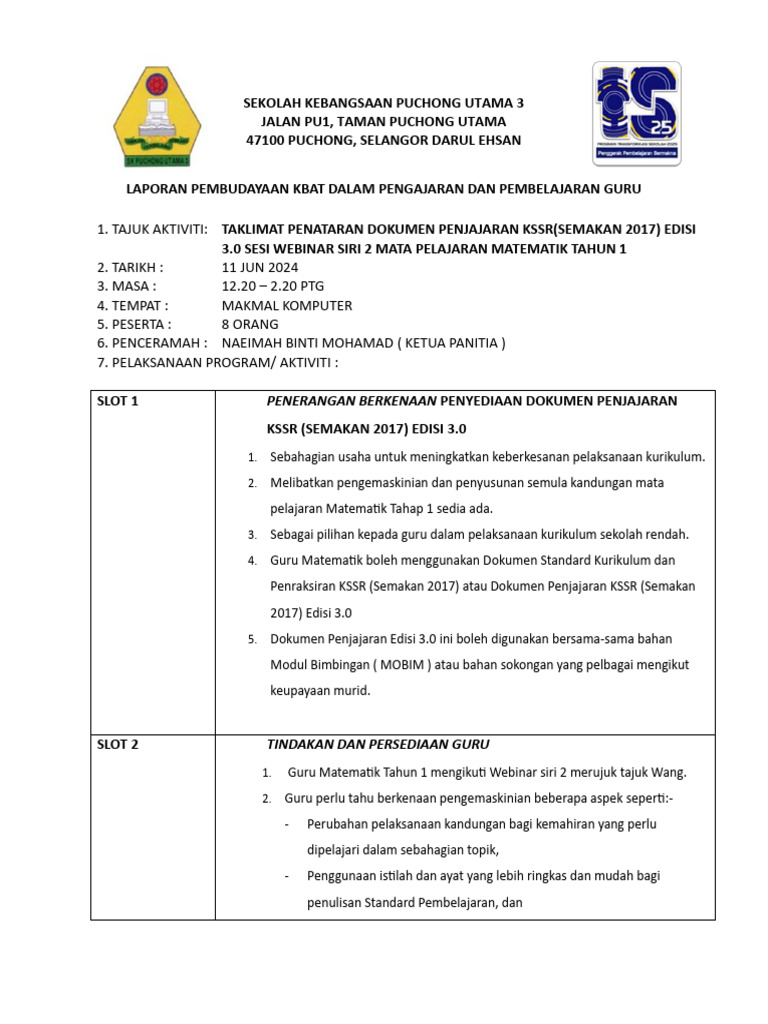 Laporan Pembudayaan Kbat Dalam PDP Guru Plc2 | PDF