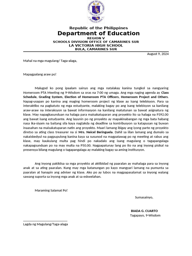 Letter To Parent | PDF