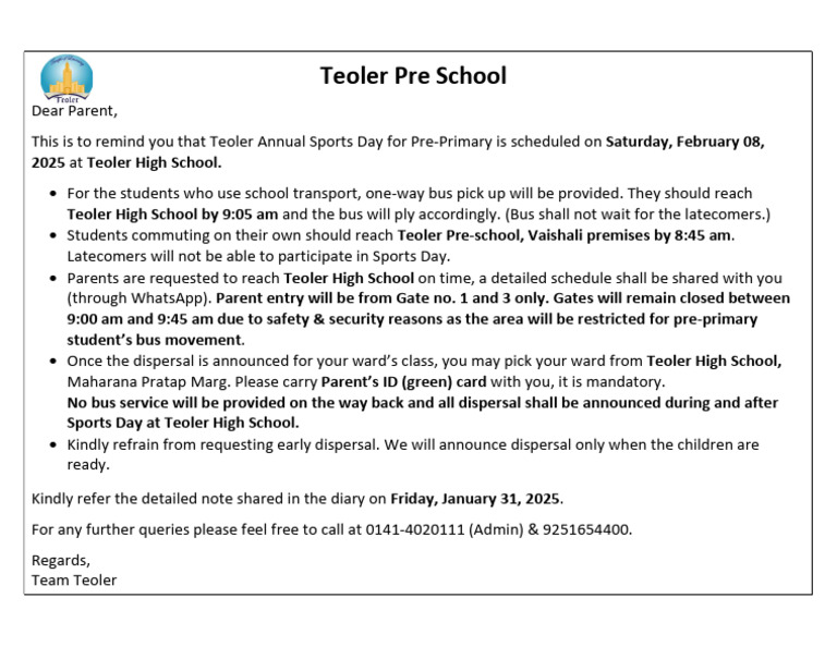 Teoler Pre School Sports Day Details | PDF