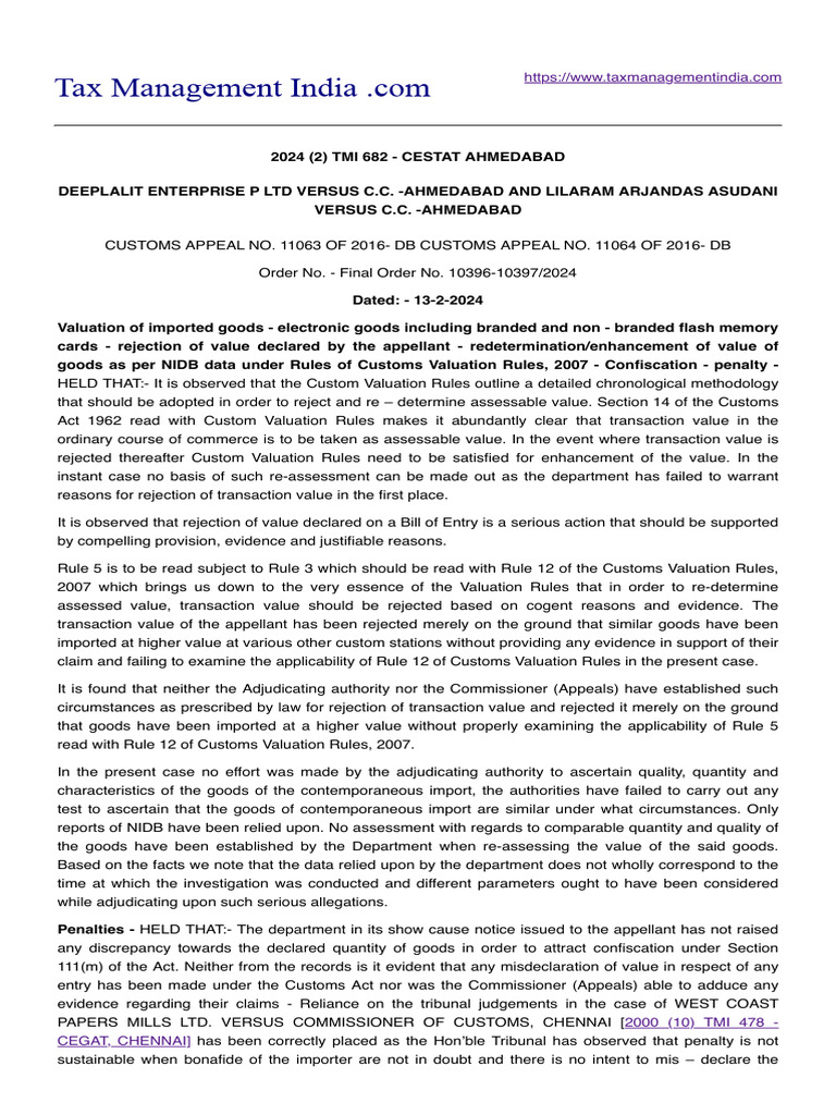 2024 (2) TMI 682 - AT - Deeplalit Enterprise P LTD Versus CC - Ahmedabad and Lila | PDF | Prices ...