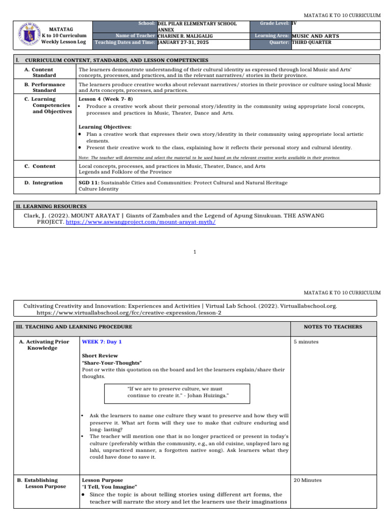K to 10 Music and Arts Lesson Plan | PDF | Curriculum | Teachers