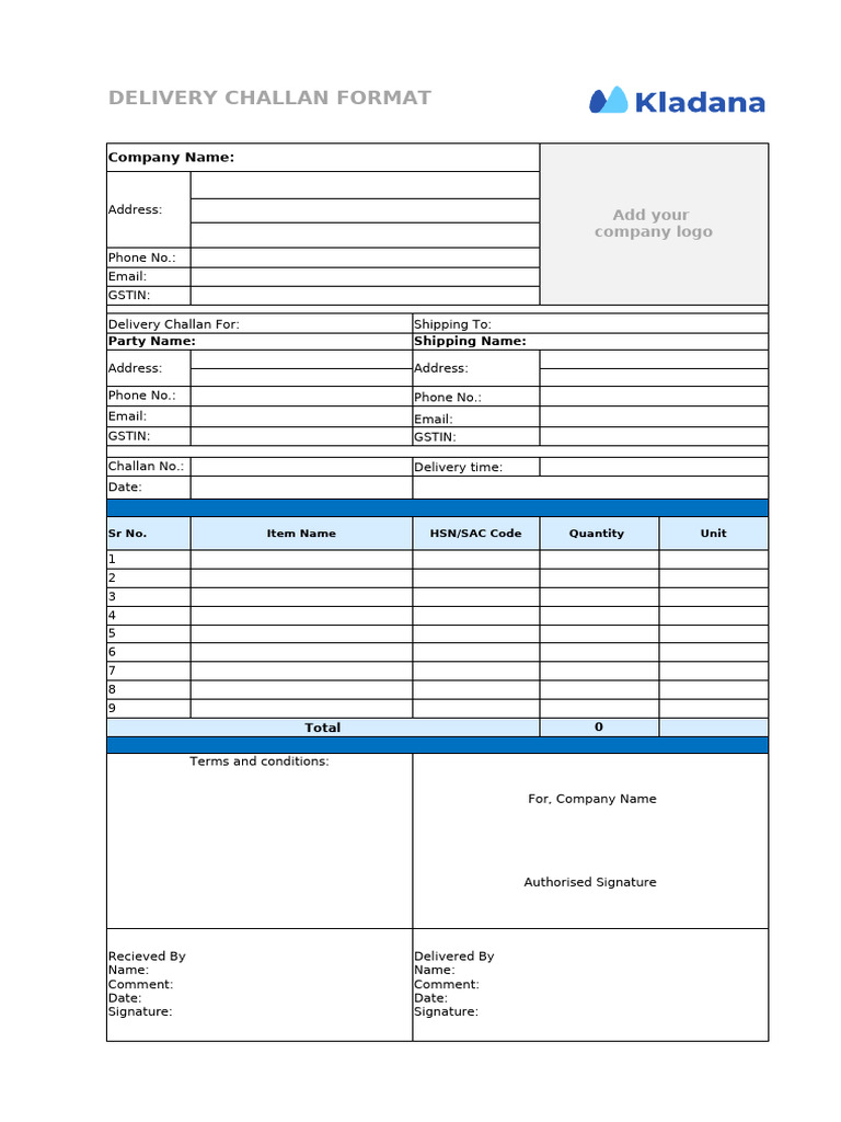 Delivery Challan Template (Excel) | PDF