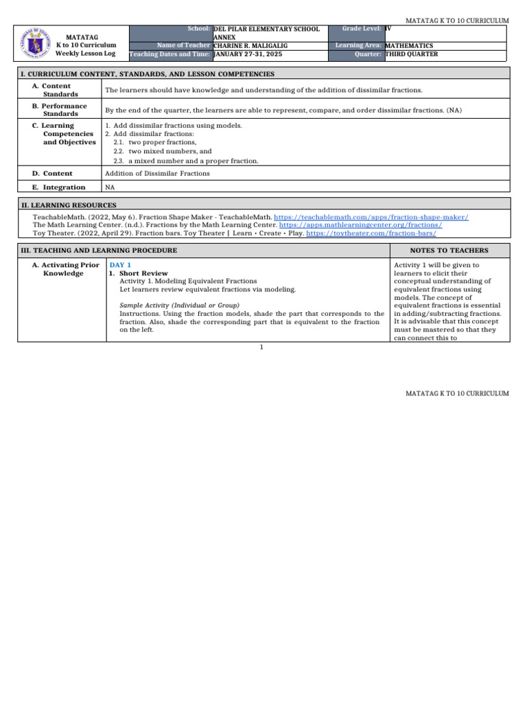 DLL MATATAG _MATH 4 Q3 W5 | PDF | Learning | Cognition
