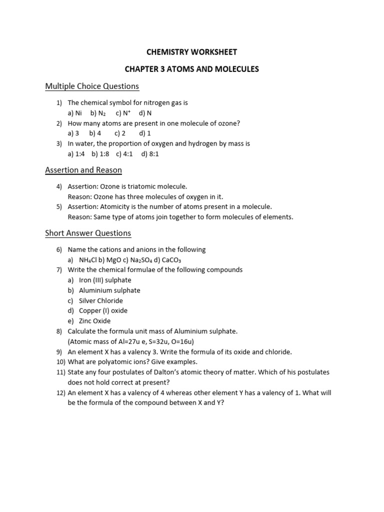 Atoms and Molecules Chemistry Quiz | PDF