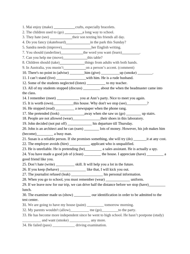 Bài tập Verb patterns | PDF