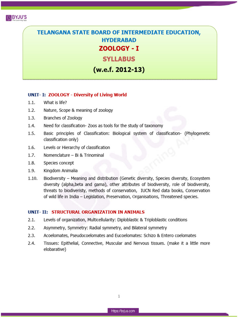 Telangana Board of Intermediate Education I Year Zoology Syllabus | PDF ...