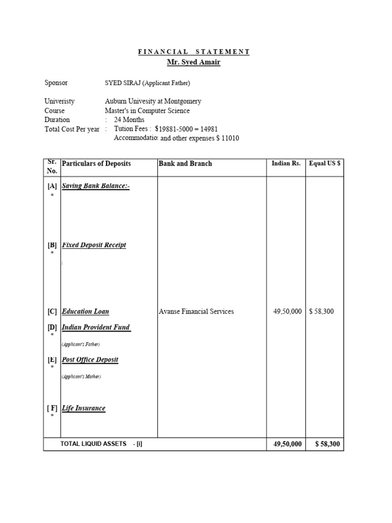 Financial Statement for Master's Applicant | PDF
