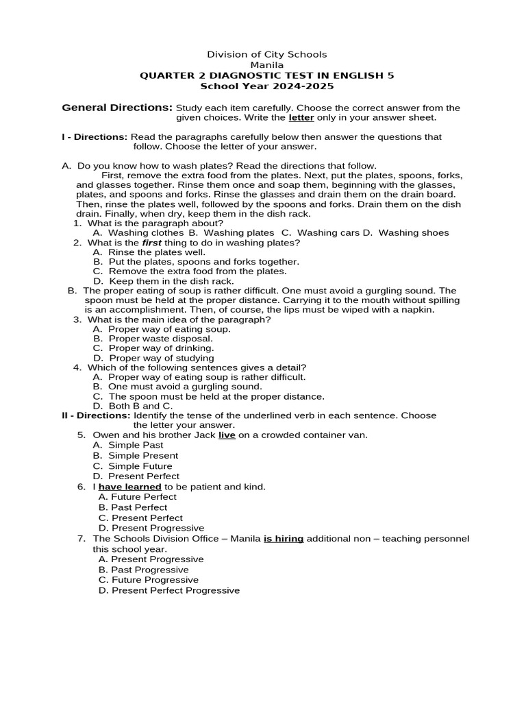 Grade 5 English Diagnostic Test | PDF | Tableware