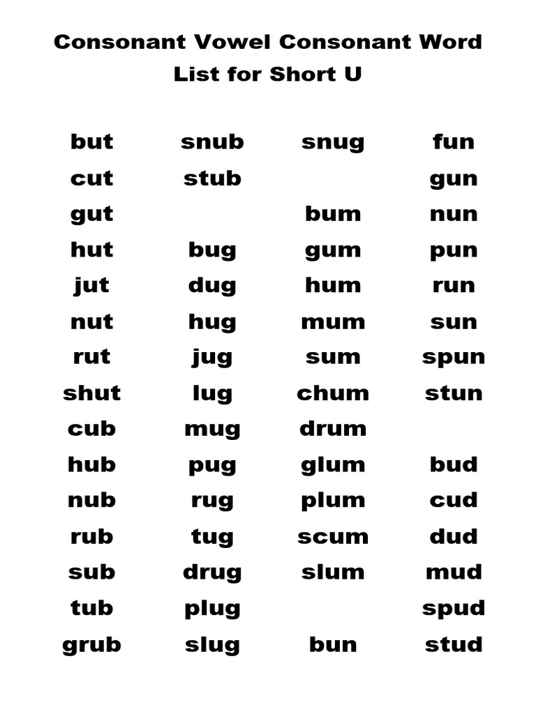 Consonant Vowel Consonant Word List For Short U | PDF