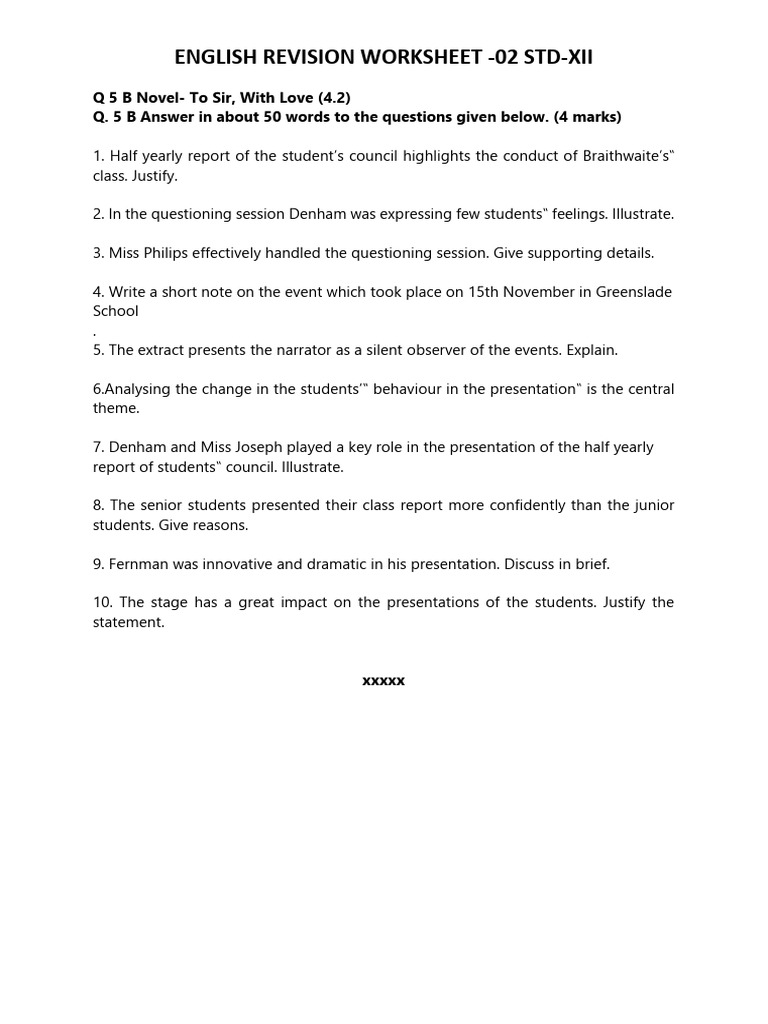 ENGLISH REVISION WORKSHEET -02 STD-XII | PDF