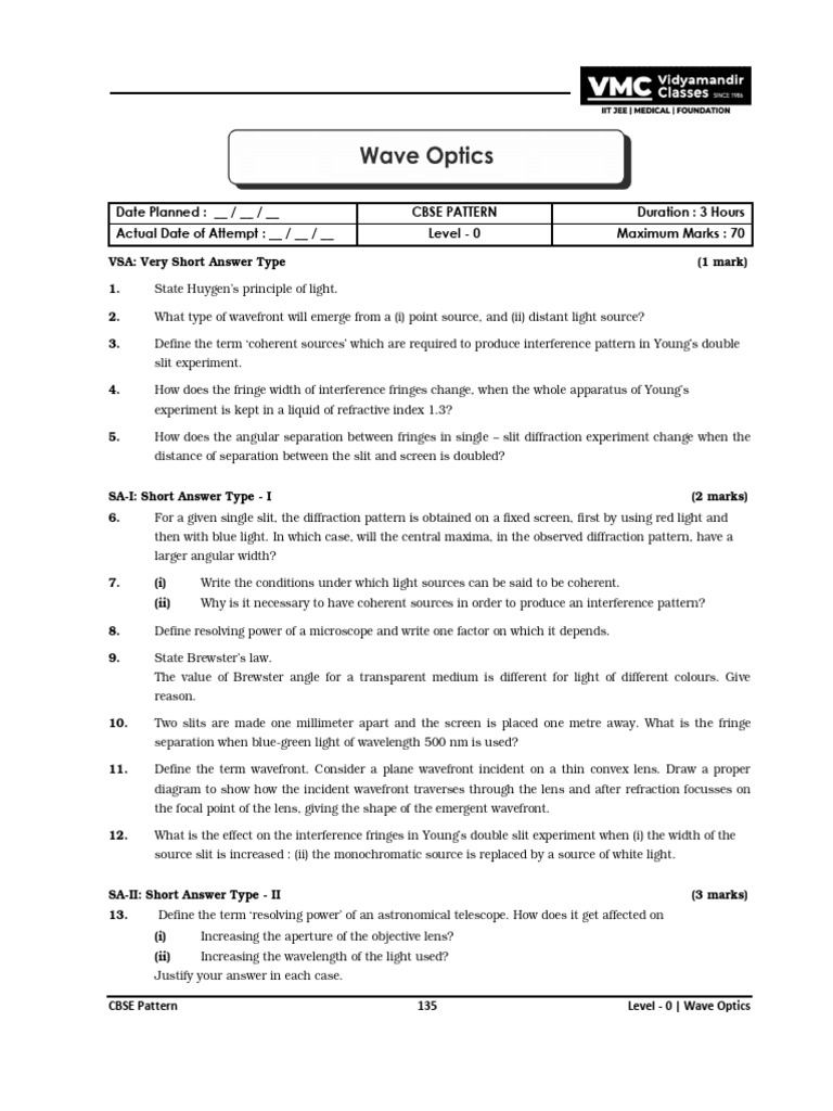 20 - Wave Optics | PDF | Diffraction | Wavelength