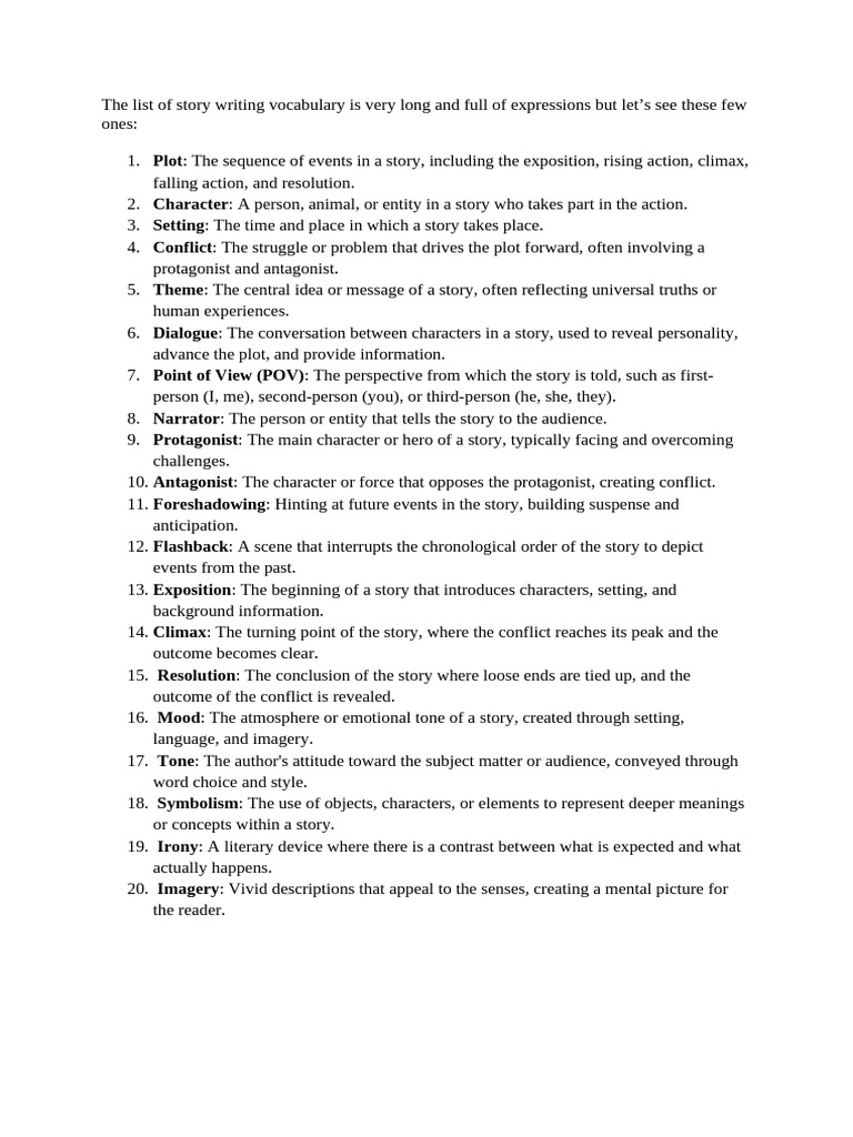 Essential Story Writing Vocabulary Guide | PDF