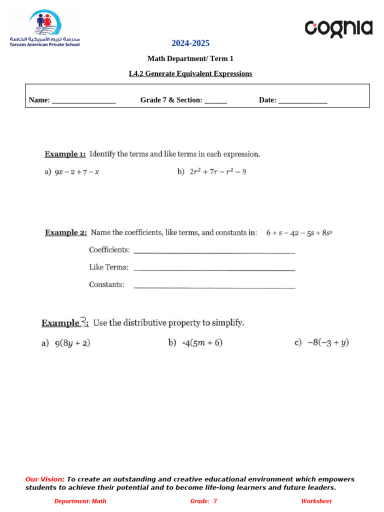 Grade 7 Equivalent Expressions Worksheet | PDF