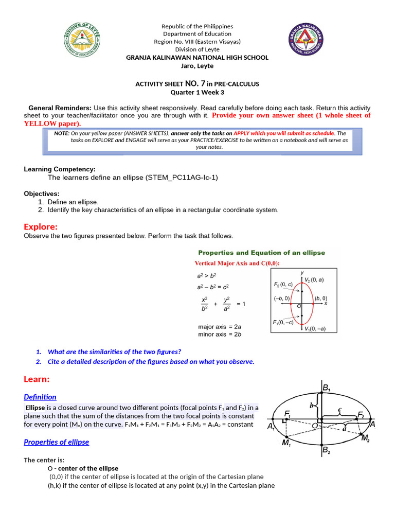 W3 Pre Cal Pdf Ellipse Cartesian Coordinate System