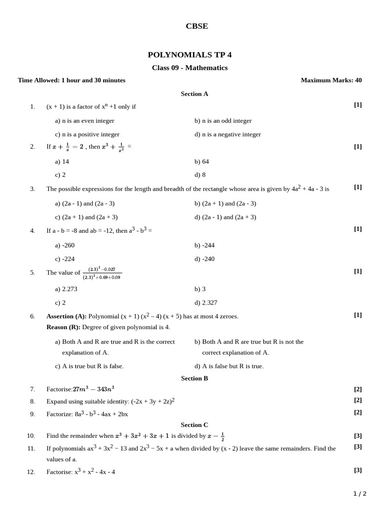 Class 9 Polynomials Practice Paper | PDF | Polynomial | Factorization