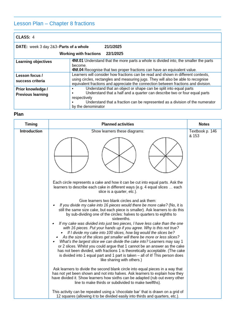 Chapter 8 Fractions Lesson Plan | PDF | Cognition | Learning