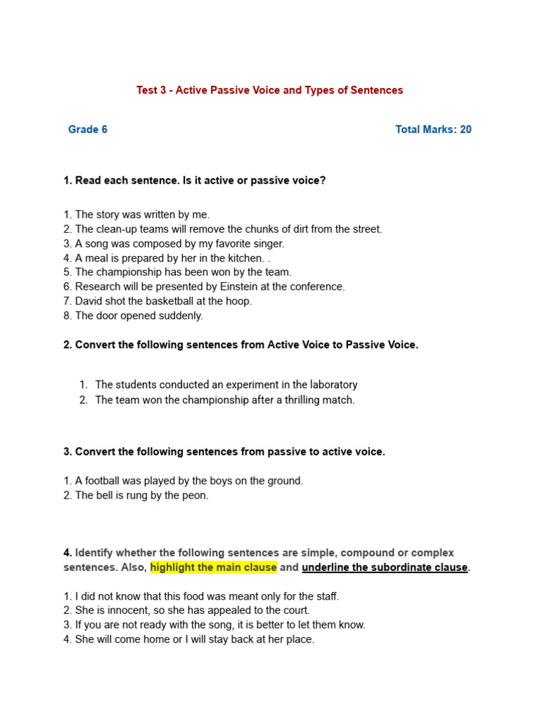 Test 3 - Active Passive Voice and Types of Sentences | PDF