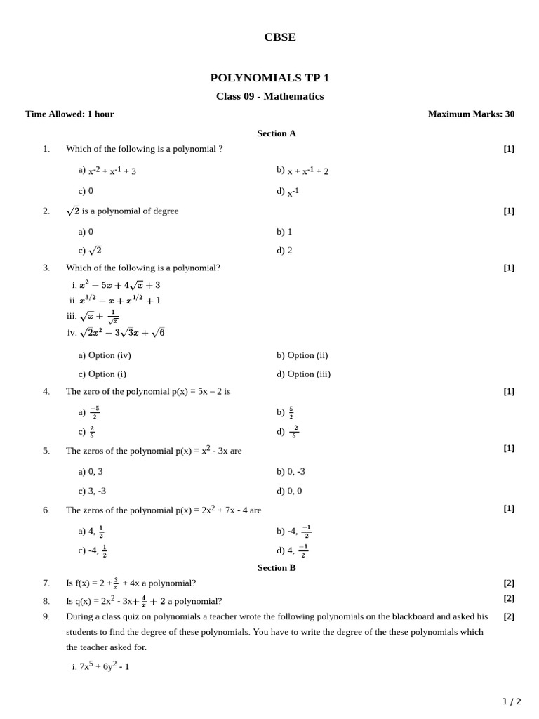 Polynomials TP 1 (Polynomials in One Variable and Zeroes of A Polynomial ) | PDF | Zero Of A ...