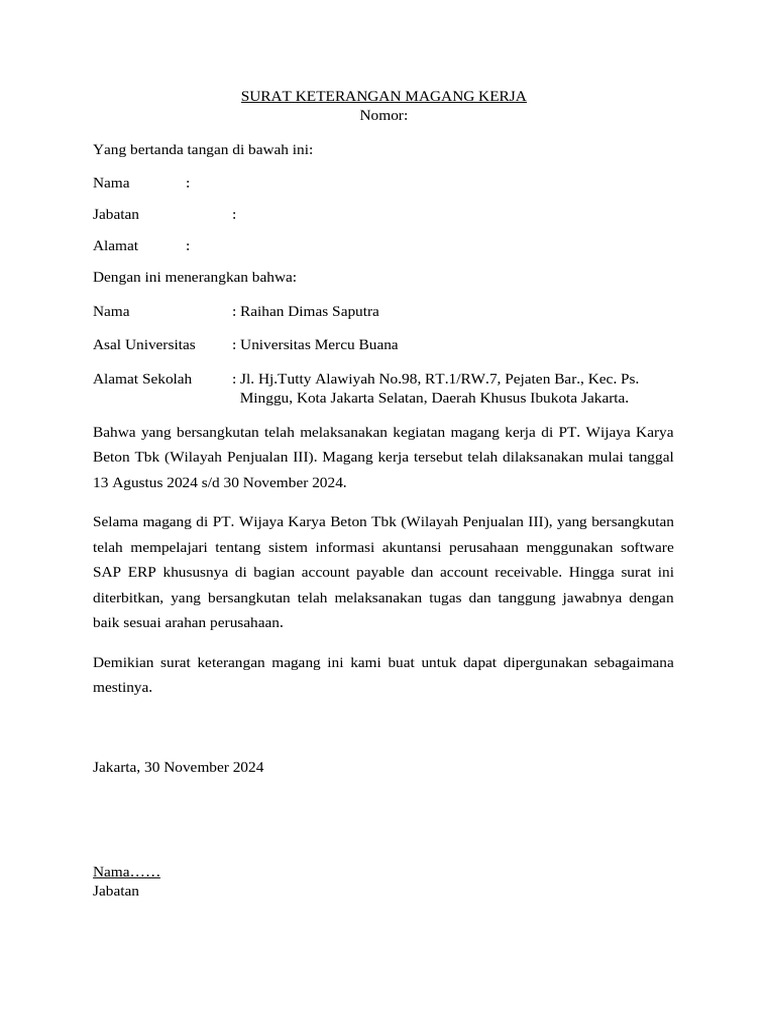 Surat Keterangan Magang Kerja | PDF