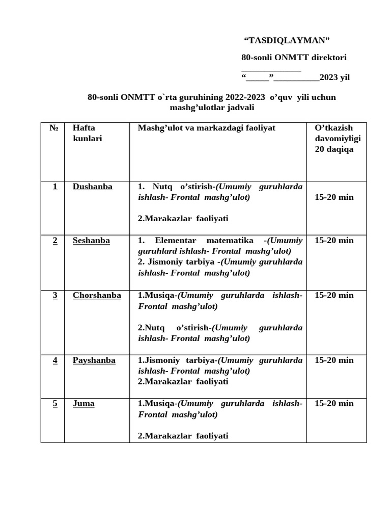 MASHG`ULOTLAR JADVALI | PDF