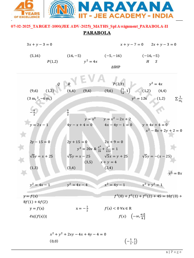 07-02-2025 - TARGET-1000 (JEE ADV-2025) - MATHS - SPL Assignment - PARABOLA-II | PDF | Euclidean ...