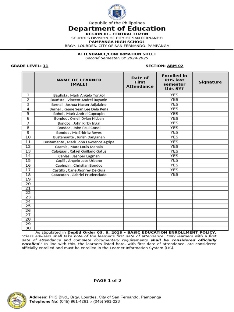 Attendance Confirmation Sheet Second Sem 1 | PDF | Schools | Philippines