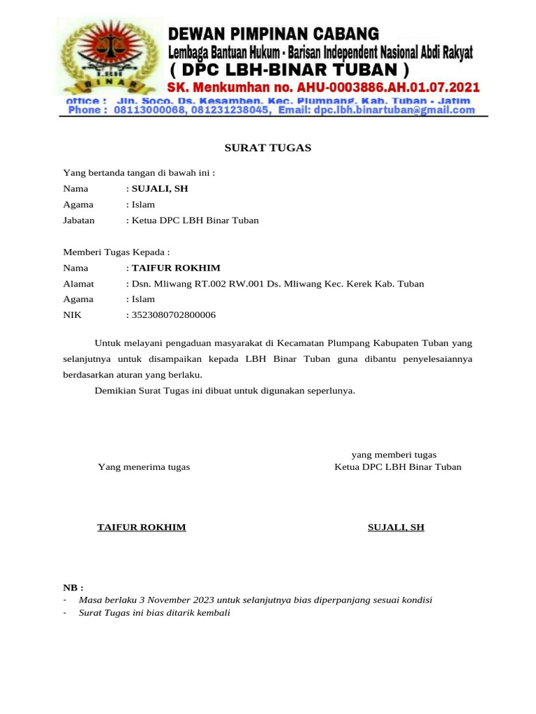 Surat Tugas LBH Binar | PDF