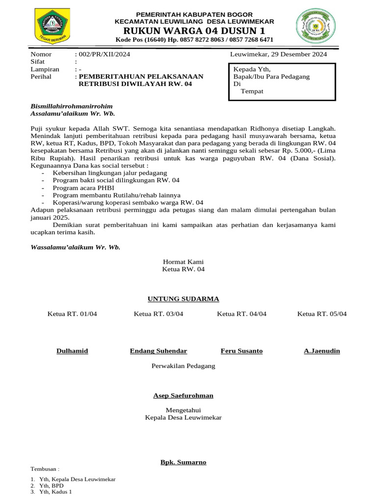 PEMBERITAHUAN PELAKSANAAN RETRIBUSI PAK RW UNTUNG BARU | PDF