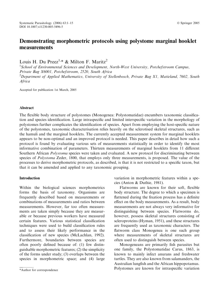 Demonstrating Morphometric Protocols Using Polystome Marginal Hooklet | PDF | Ellipse | Normal ...