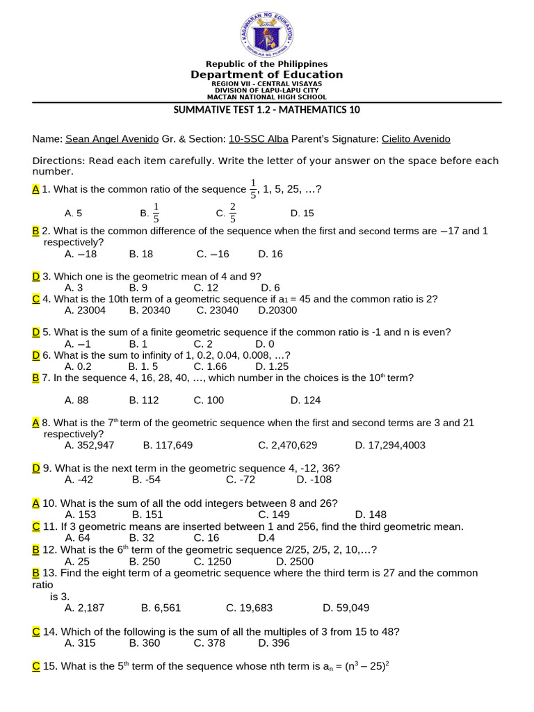 1.2 Math10 Summative Test Performance | PDF | Summation | Mathematical ...