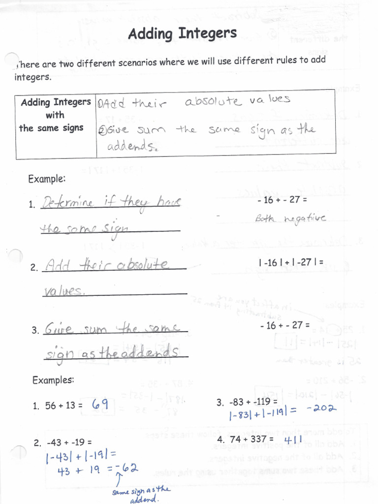 Notes Adding Integers Complete | PDF