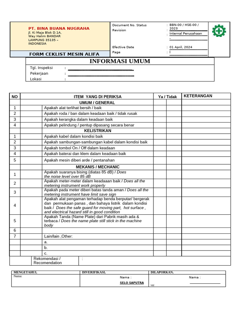 Ceklist Inspeksi Mesin Alifa | PDF