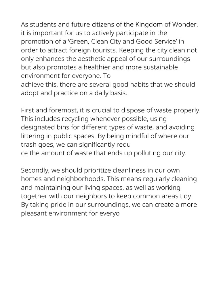 What Good Habits Should You Do To Keep The City Clean? | PDF