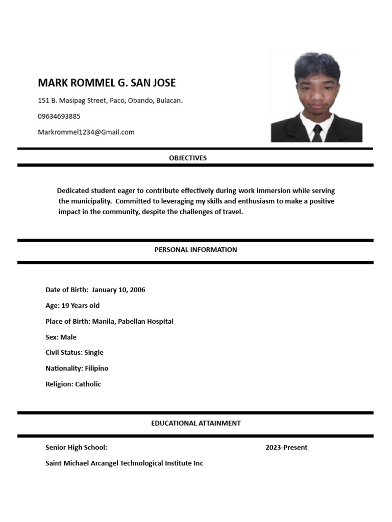Mark Rommel G - SAN J OSE: 151 B. Masipag Street, Paco, Obando, Bulacan. 09 634693885 | PDF