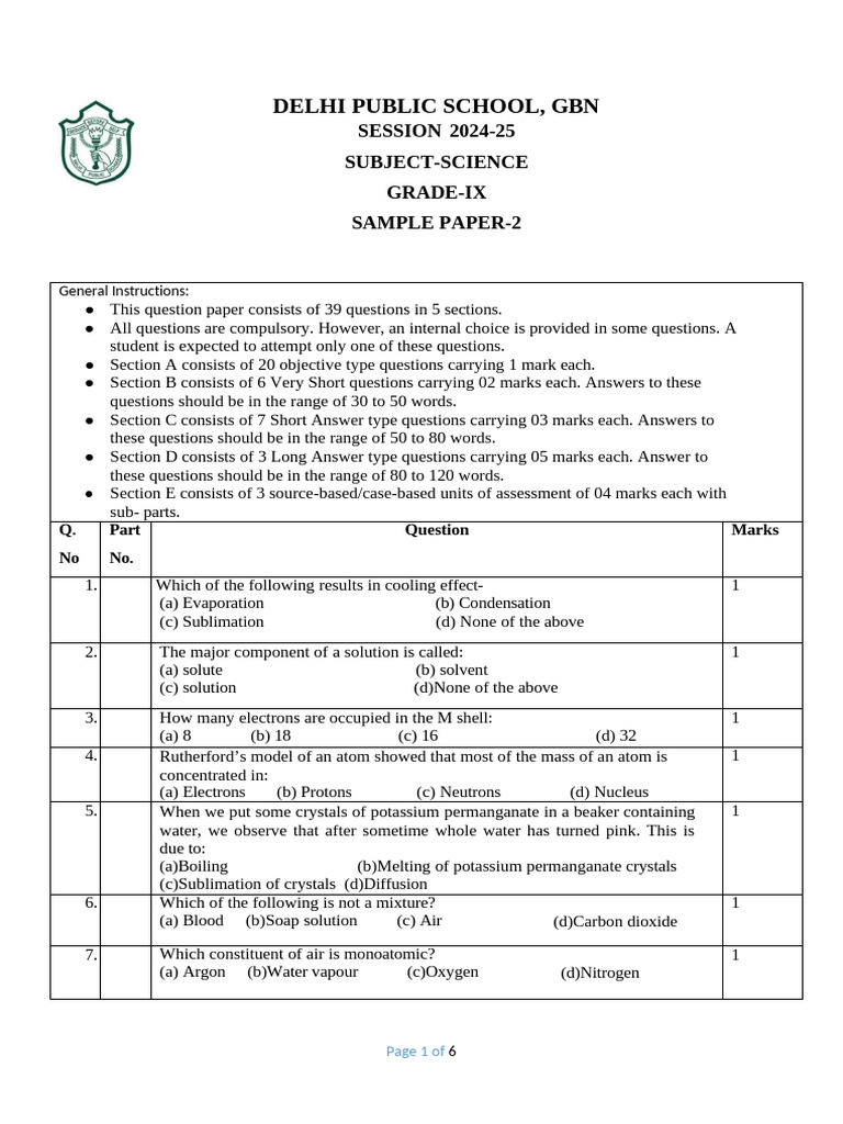 Science Sample Paper 2 - Class 9 | PDF | Buoyancy | Atoms