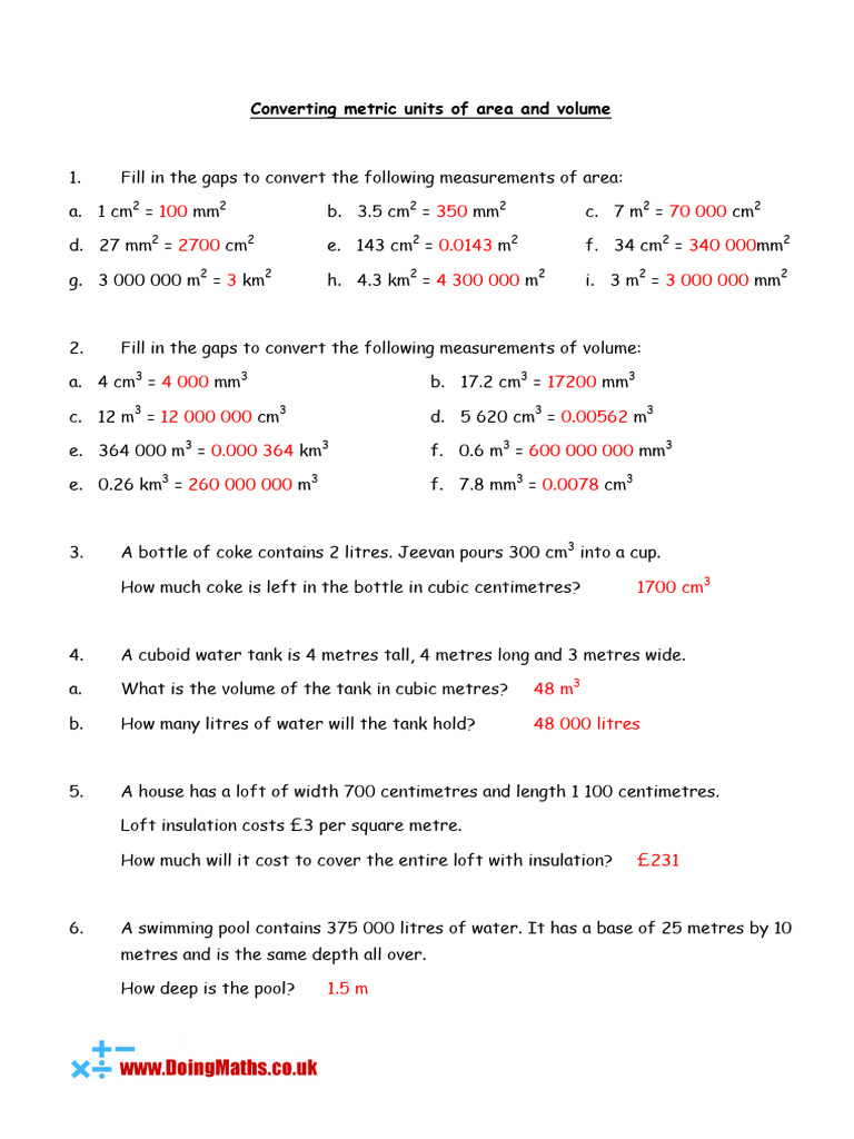 Converting Metric Units of Area and Volume Answer Sheet | PDF