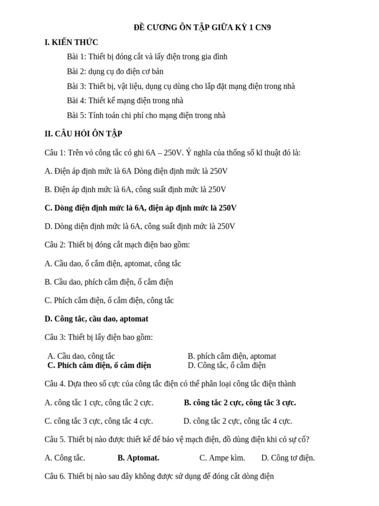 Đề Cương Ôn Tập Giữa Kỳ 1 Cn9 | PDF