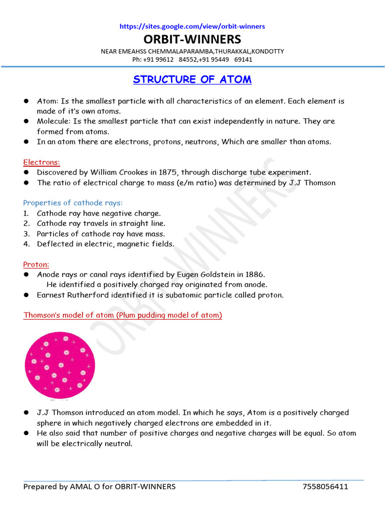 Class 9 Chemistry: Structure of Atom Notes | PDF | Atoms | Atomic Nucleus