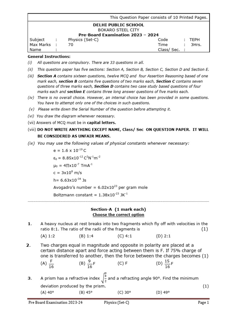 SamplePaper XII Microsoft Word 12 Physics_PB Set C 133725953716266561 | PDF | Wavelength ...
